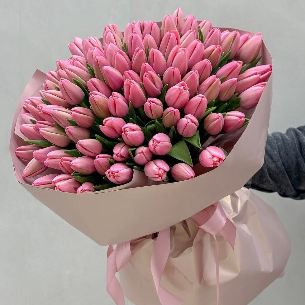 Букет из розовых тюльпанов 101 шт, красивый букет цветов, шикарный, премиум цветы, премиум букет