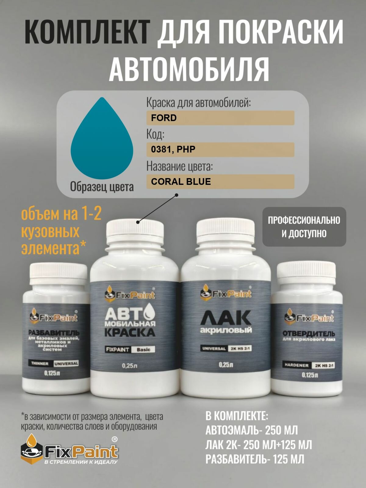 Комплект для покраски FORD, код 0381, PHP, CORAL BLUE, базовая автомобильная эмаль 250 мл, лак 2K 250 мл с отвердителем, разбавитель 125 мл, FixPaint Pro