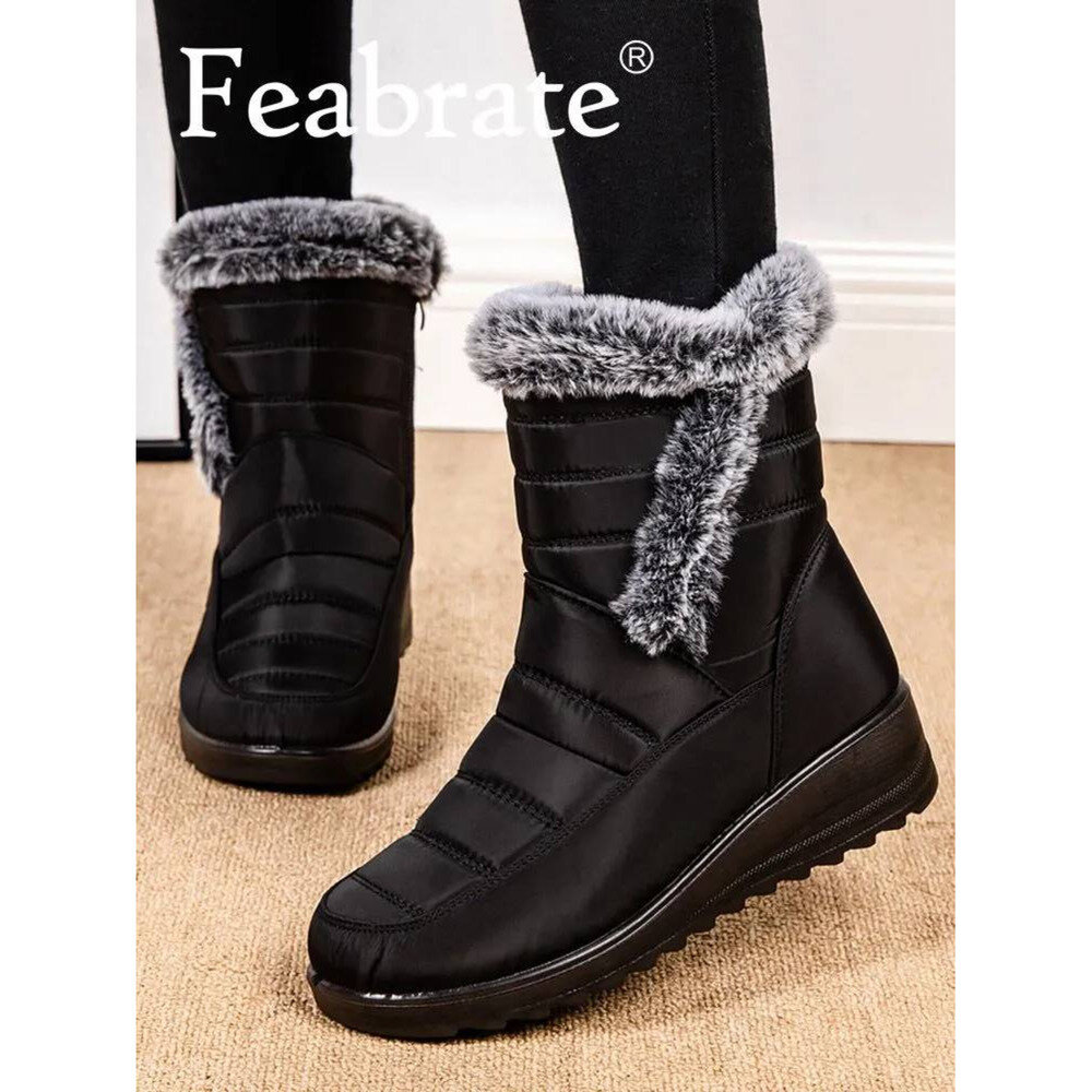 Новые стильные теплые женские зимние ботинки с меховым воротником и имитацией меха кролика, водонепроницаемые женские ботинки с цепочкой по бокам, повседневная женская обувь