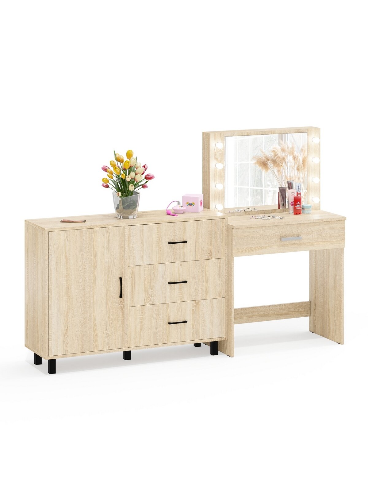 Косметический стол с подсветкой и выдвижным ящиком СТ-4 и комод 122-1204, дуб сонома, 200,8х45х135 см.