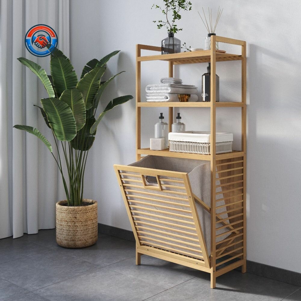 Этажерка для ванной с корзиной для белья, бамбуковый стеллаж 50x30x120 см полки для полотенец и косметики, компактный органайзер для ванной комнаты