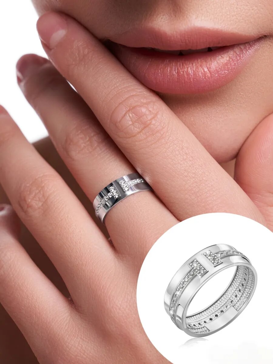 Кольцо широкое, серебро, 925 проба, родирование, фианит