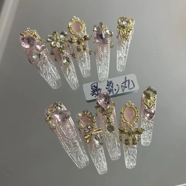 Набор из 10 горячих длинных заостренных ногтей ручной работы в форме гроба, полностью покрывающих ногти, накладные ногти Sanrio KT с металлической цепочкой и сверкающими бриллиантами в виде цветка, Размер: М-16-12-13-12-10