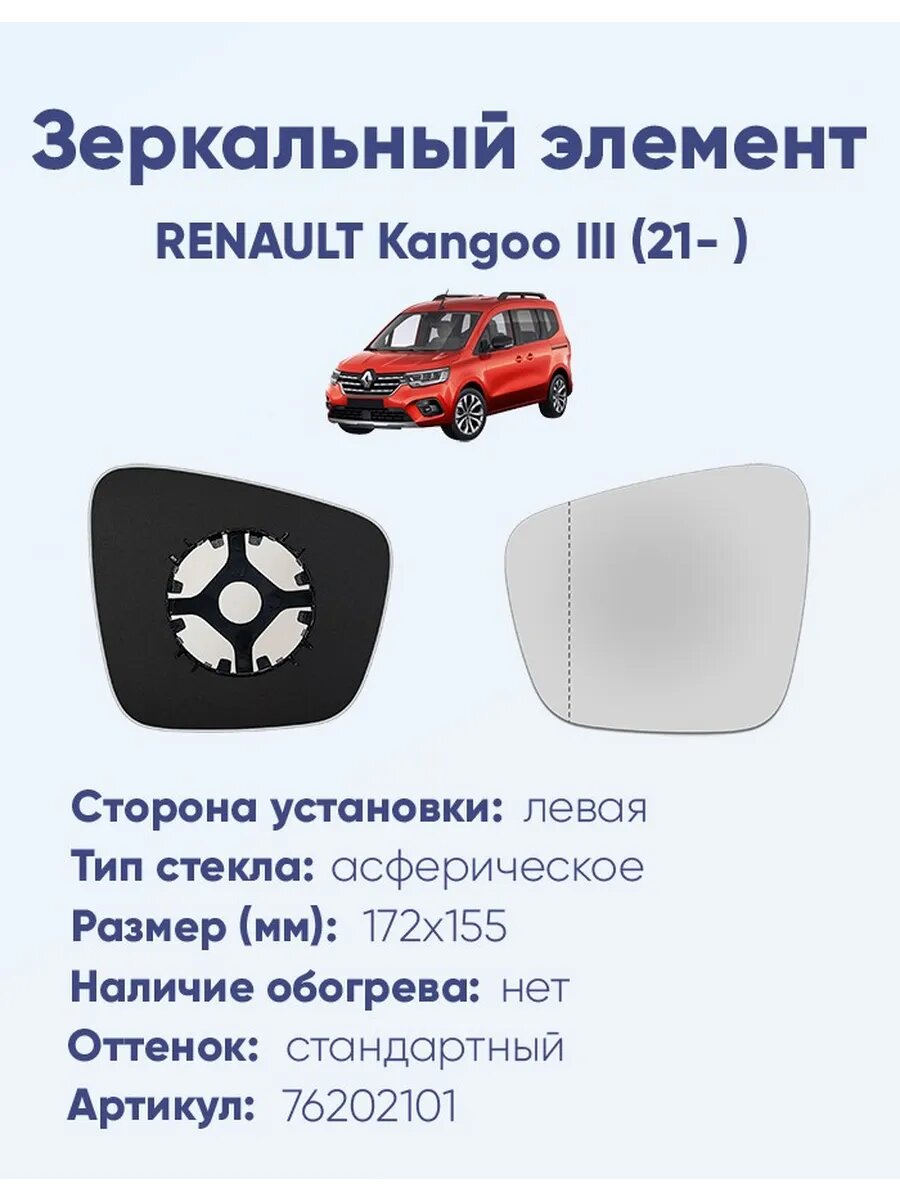 Зеркальный элемент левый RENAULT Kangoo III (21- ) асферика нейтральный без обогрева
