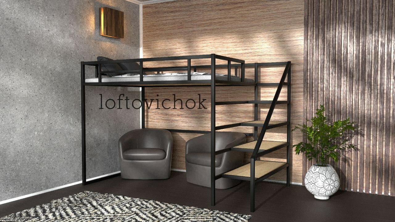 Кровать чердак "Samanta" чёрная , лофт, металлическая 90*200*190