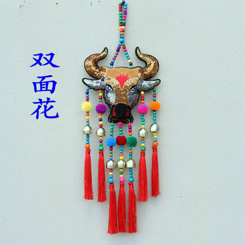 Этнический колокольчик с головой быка Yi, юньнаньский этнический стиль, двусторонняя вышивка, подвесное украшение для дома, гостиной, офиса, магазина