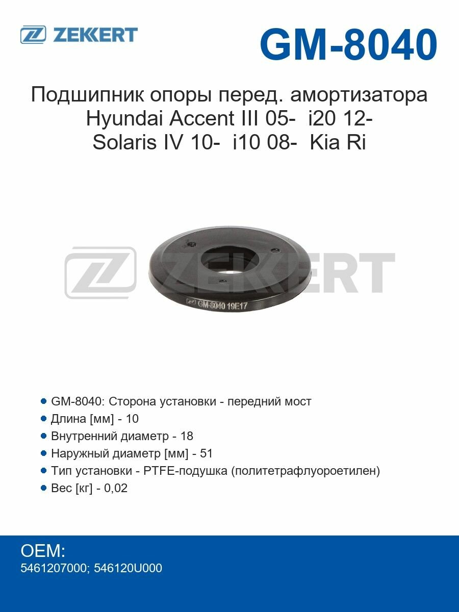 Опорный подшипник передний Hyundai Accent III с 2005 года i20 с 2012 года Solaris IV с 2010 года i10 с 2008 года Kia Rio II-I