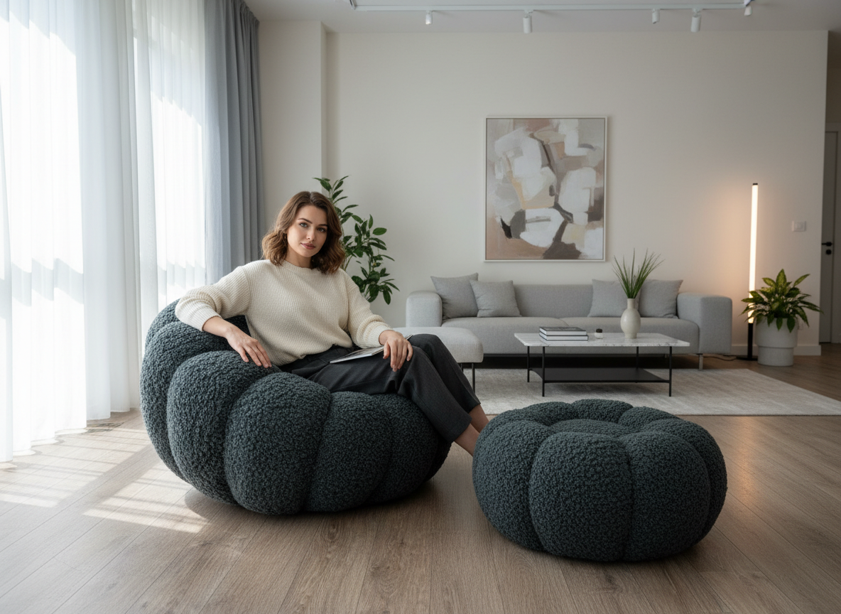 Кресло и пуфик Lotos Alaska Grafit на механизме вращения 360, искусственный мех