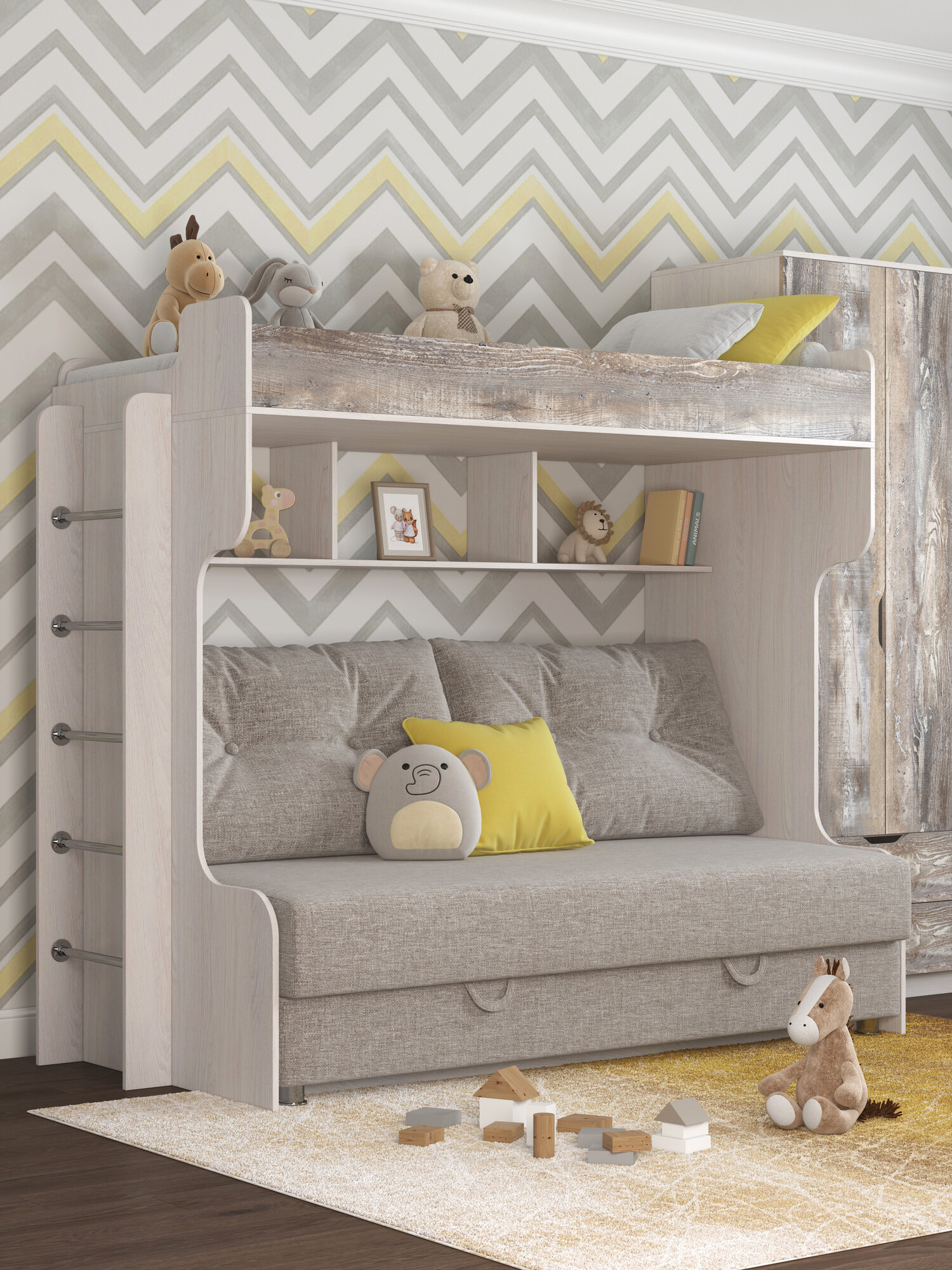 Есэндвич Альпика Кровать двухъярусная с диваном (Анкор белый/Бетон пайн экзотик/Savana Latte) 205х104х180 см