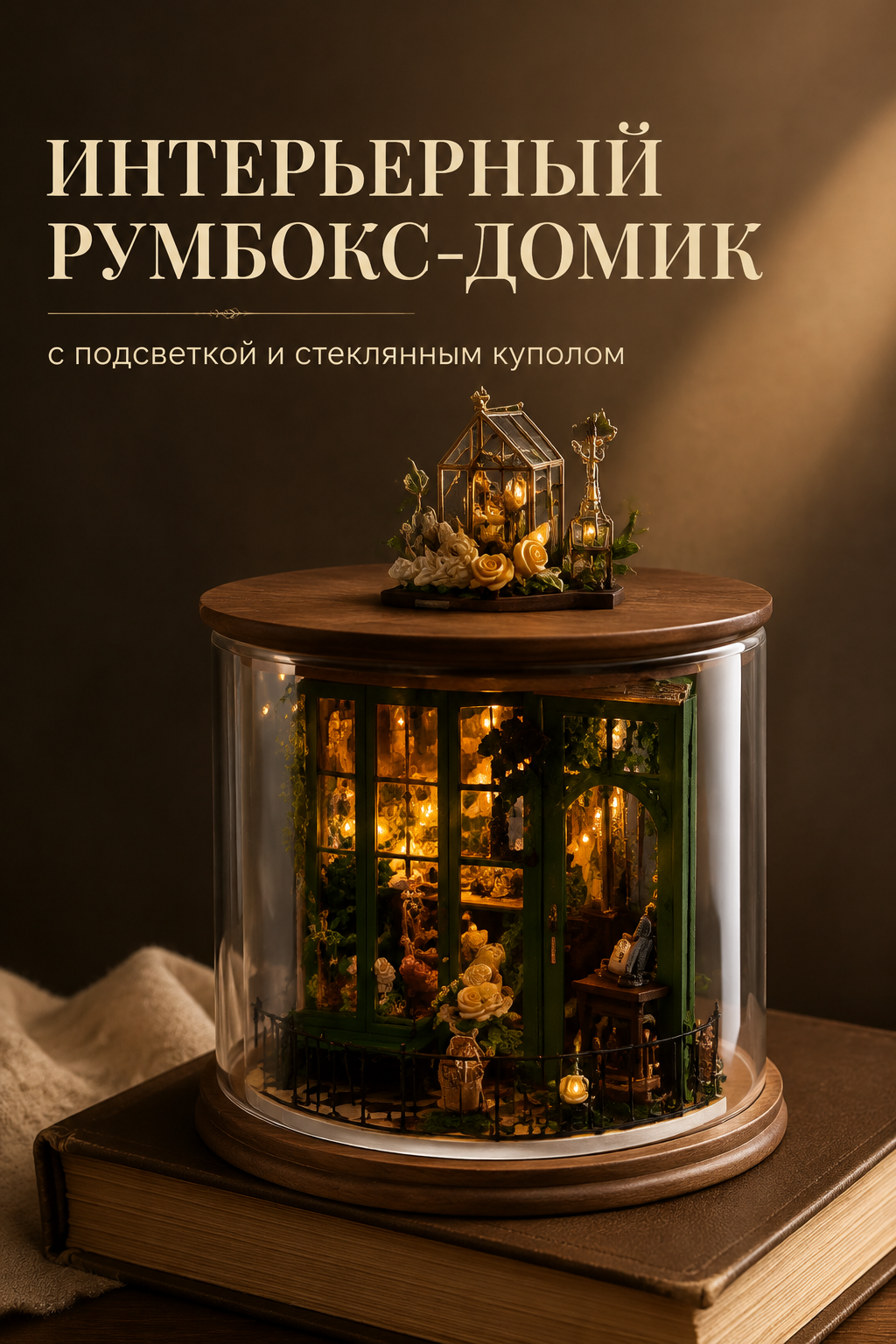 Интерьерный румбокс-домик с подсветкой и стеклянным куполом, масштаб 1:48