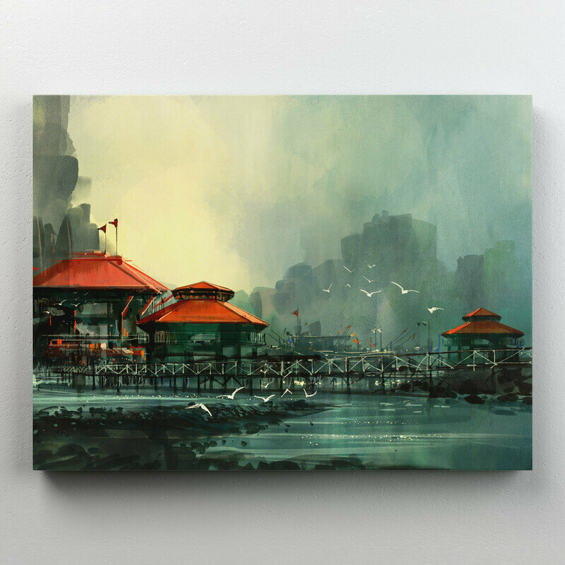 Интерьерная картина на холсте "Живопись - красные крыши китайских палаток" размер 30x22 см