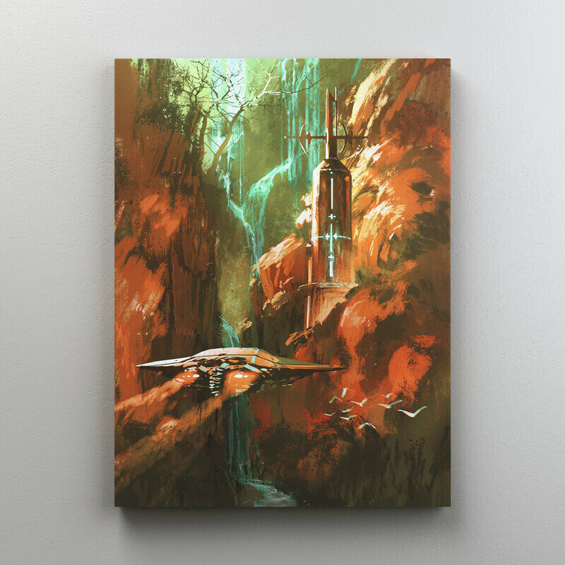 Интерьерная картина на холсте "Космический корабль на фоне маяка и красного каньона" размер 45x60 см