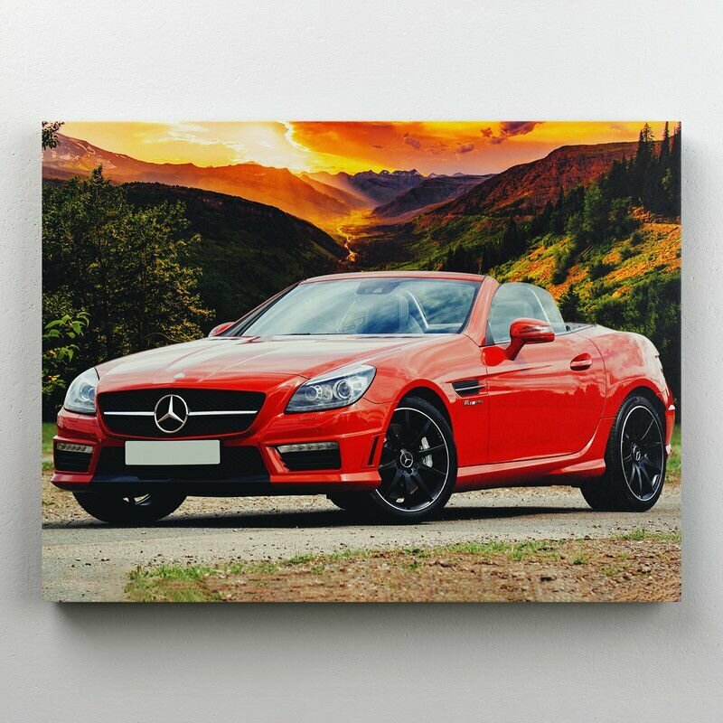 Интерьерная картина на холсте "Красный Mercedes SLK кабриолет на фоне гор" размер 30x22 см