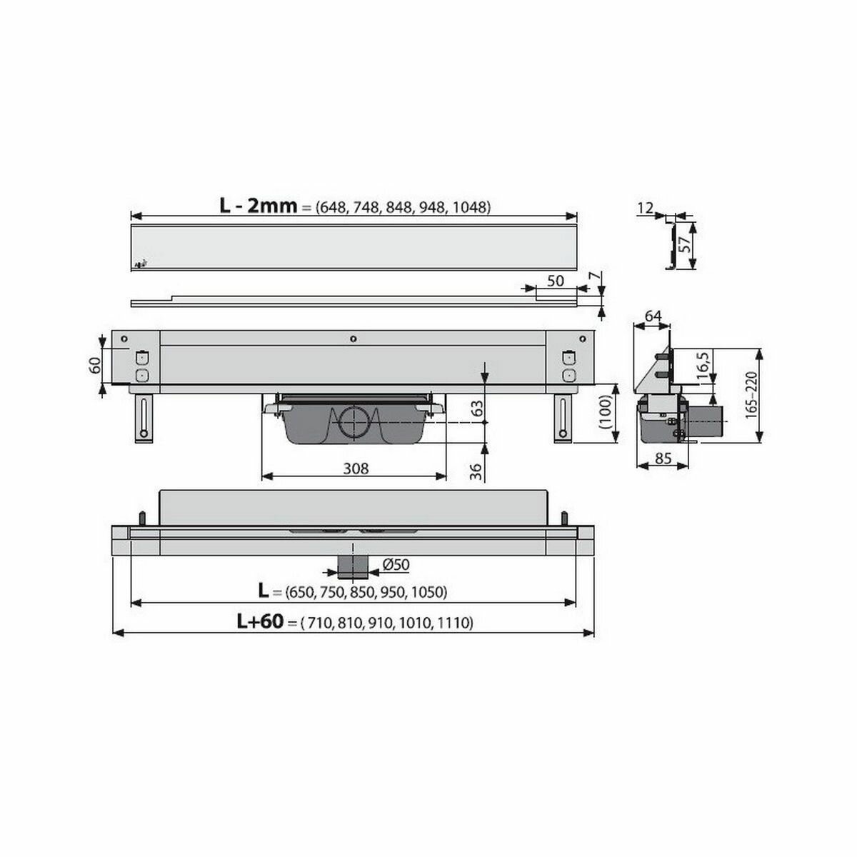 Душевой трап в стену 600 мм с комбинированным затвором, лоток для душа из нержавеющей стали глянцевый
