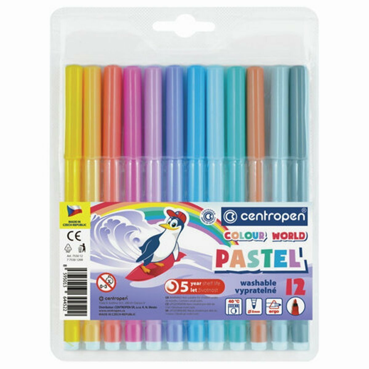Фломастеры пастельные 12 цветов CENTROPEN Colour World Pastel, смываемые
