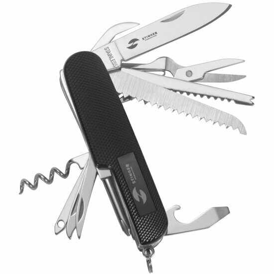 Нож перочинный Stinger , 89 мм, 15 функций, материал рукояти алюминий (чёрный)