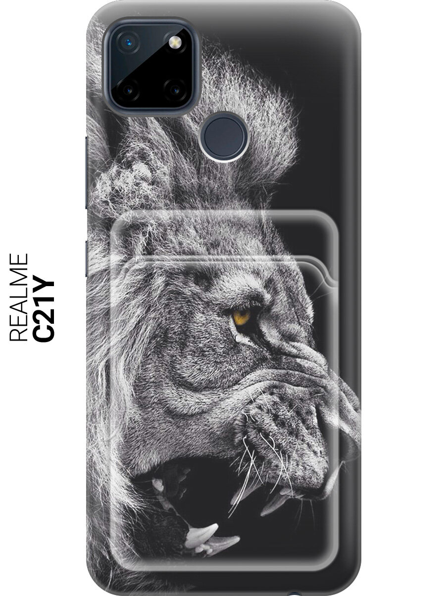Чехол с карманом для карт на Realme C21Y / Рилми С21у с принтом "Морда льва"