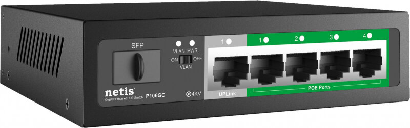 Netis P106GC Коммутатор неуправляемый PoE, 5 портов, 5x1 Гбит/с, PoE+ 4х30 Вт (до 60Вт), SFP 1x1 Гбит/с