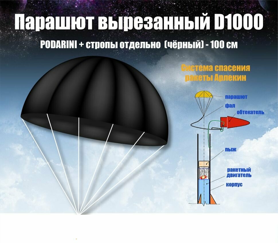 Парашют черный, диаметр 100 см + стропы