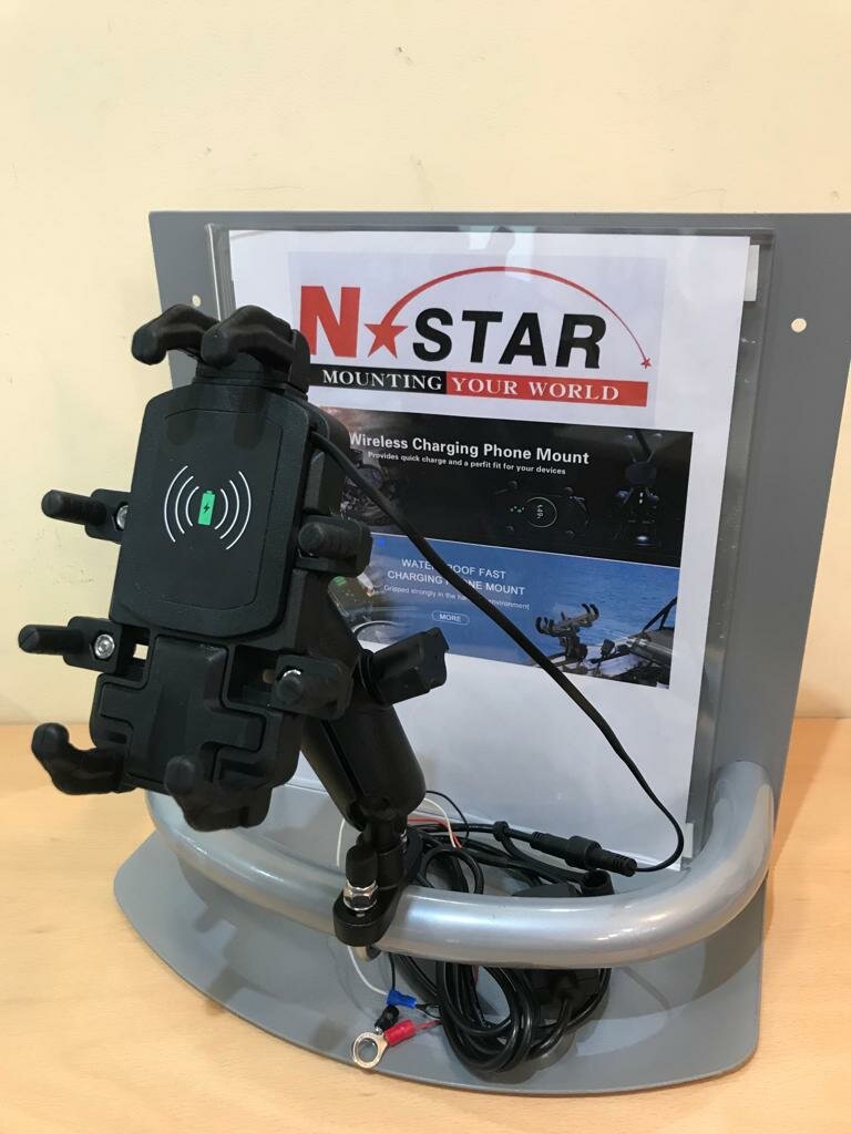 Крепление N-Star AG с беспроводной зарядкой для смартфонов на руль мотоцикла + демпфер. Муфта 95 мм шары 25 мм (1") (NS-AGC-VD-B9-BTB)