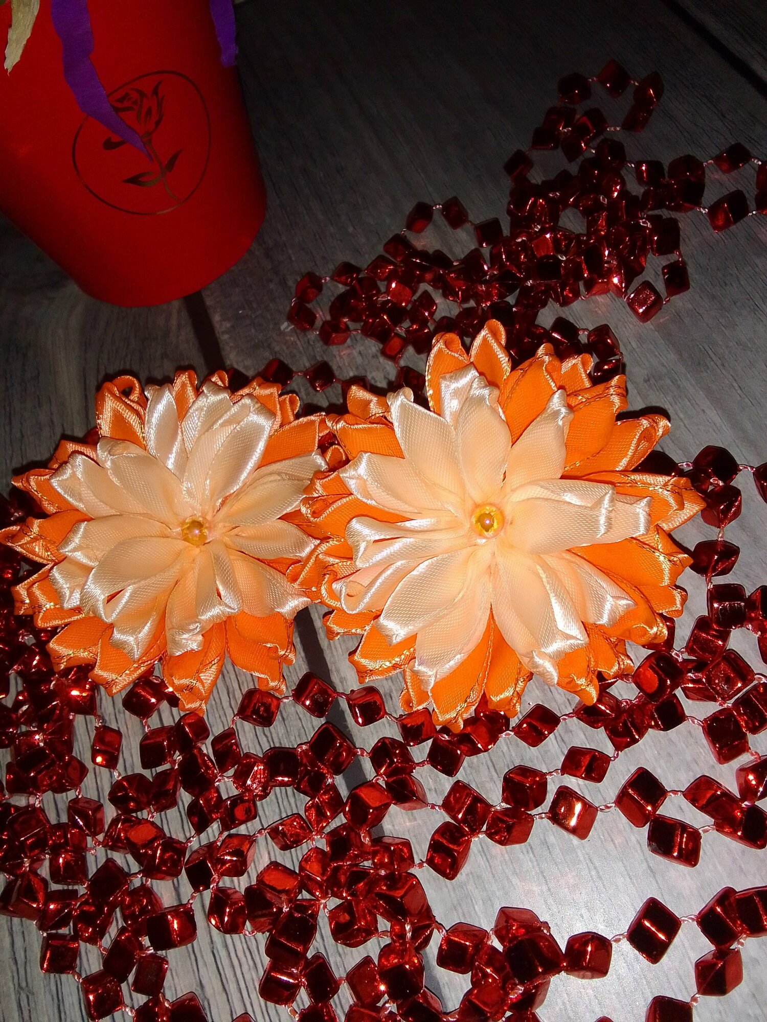 Набор резиночек для волос "Астра", бежевый-оранжевый, атлас, 2 шт.