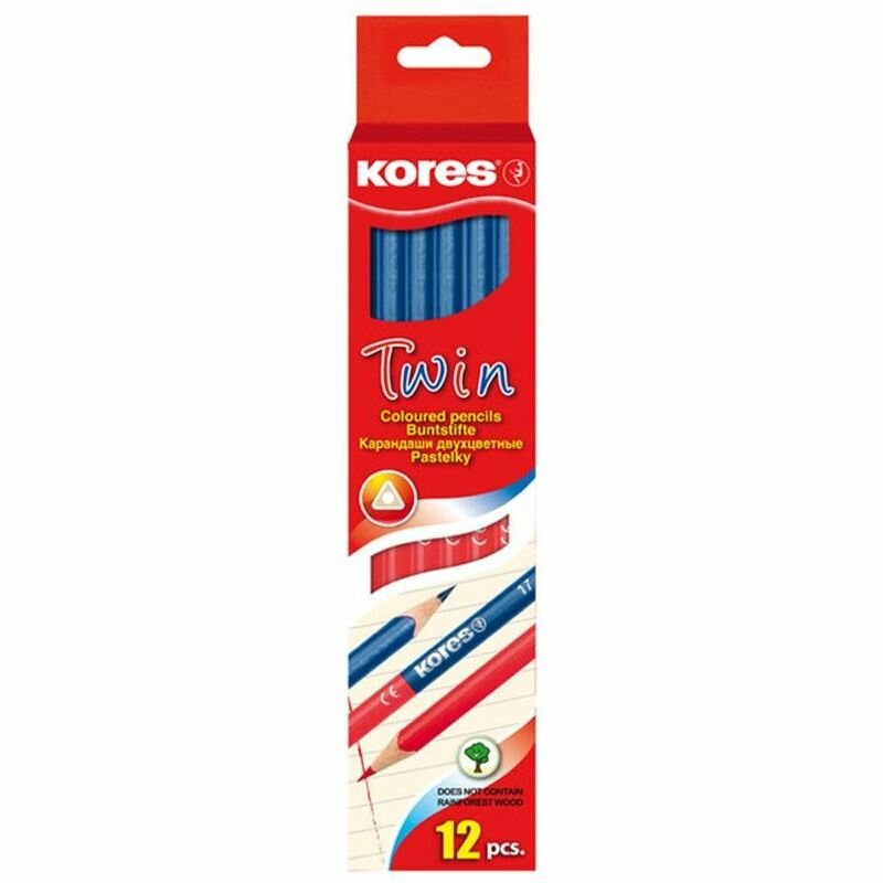 Kores/ Карандаши цветные Двусторонние, 2 цвета, 3-грани, 12 шт