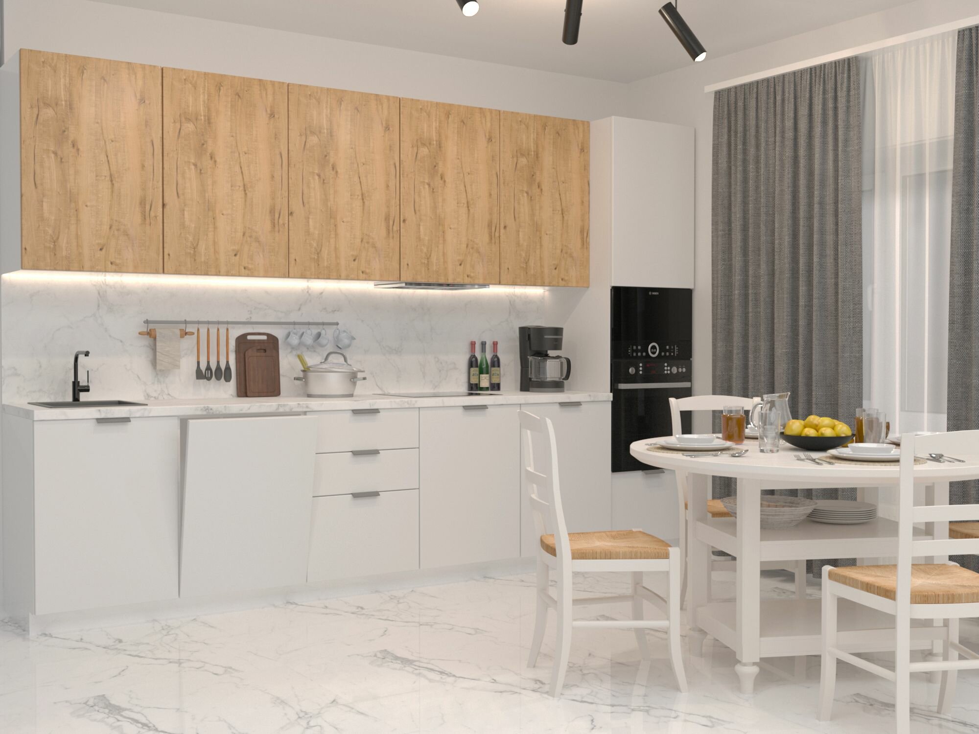 Кухонный гарнитур Фьюжн Белый матовый/ Флэт Вотан, 3600 мм