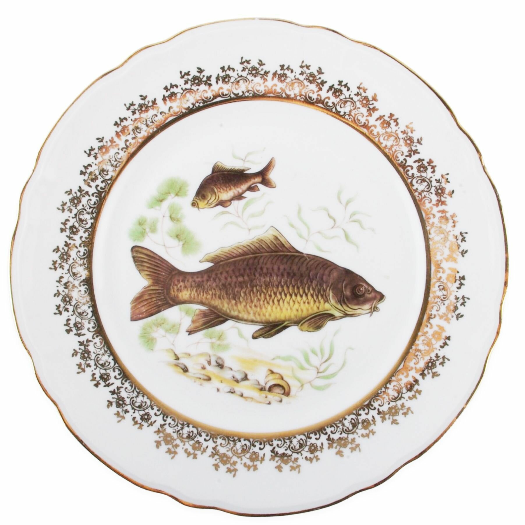 Винтажная декоративная тарелка "Серия речных рыб". Фарфор, деколь, золочение. Limoges, Франция, вторая половина ХХ века.