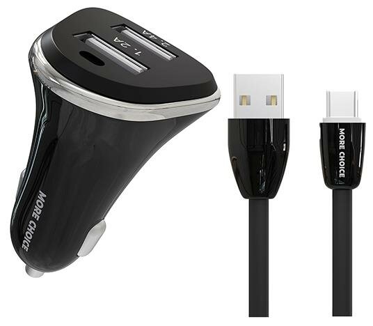 Автомобильное зарядное устройство MORE CHOICE (4627151191416) AC22a 2USB 2.4A для Type-C Black