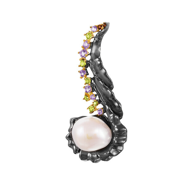 Подвеска, серебро, 925 проба, перидот, аметист, жемчуг