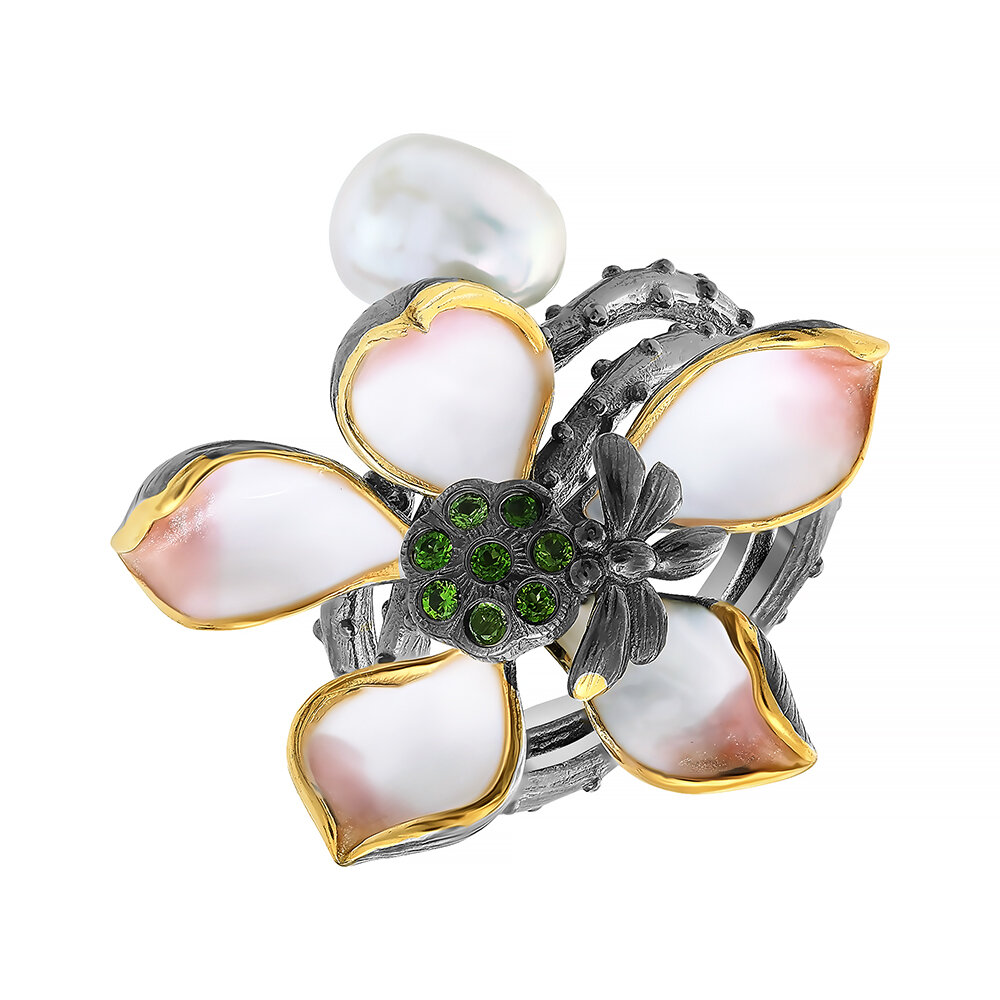 Кольцо, серебро, 925 проба, жемчуг, хромдиопсид