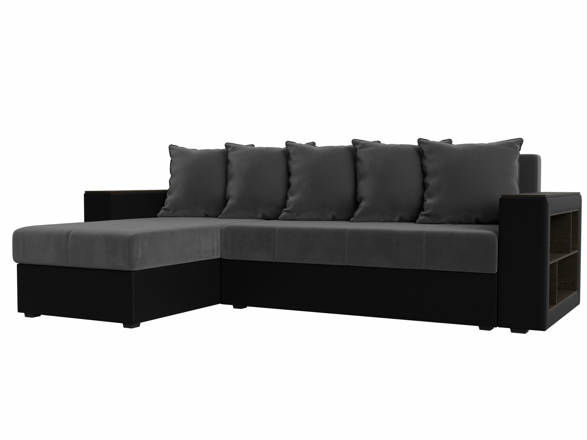 Диван угловой Дубай Лайт левый угол, велюр серый, экокожа черная