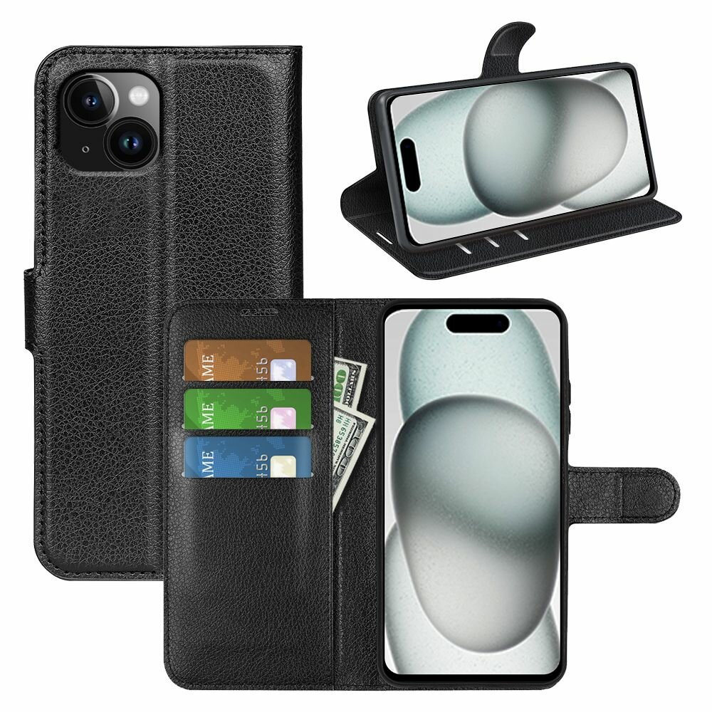 Чехол-книжка PRESTIGE с функцией подставки для iPhone 15 Plus (черный)