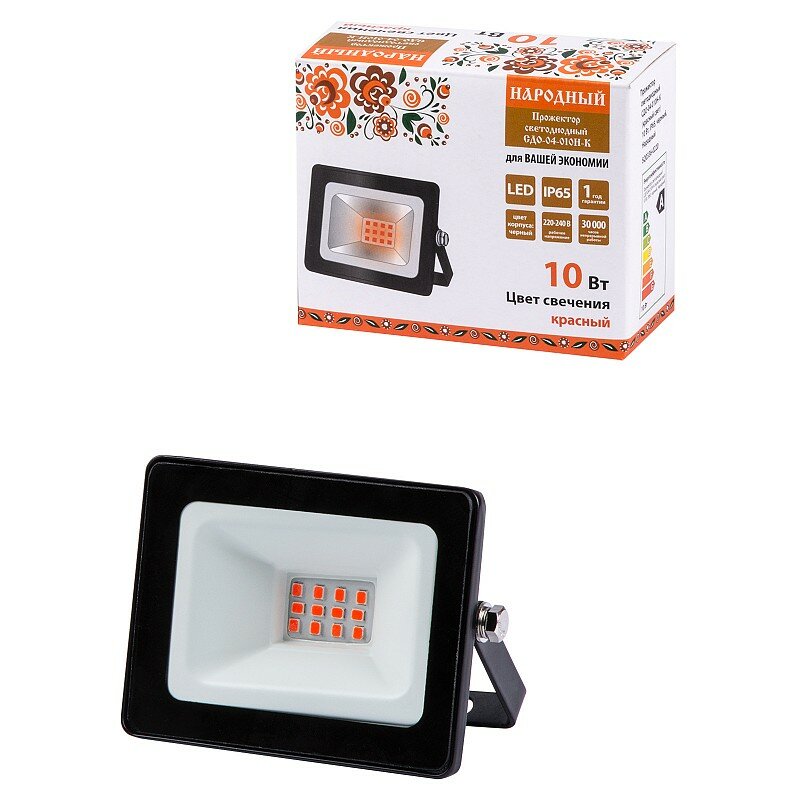 Прожектор светодиодный СДО-04-010Н-К (красный свет) 10 Вт, IP65, черный, Народный, цена за 1 шт
