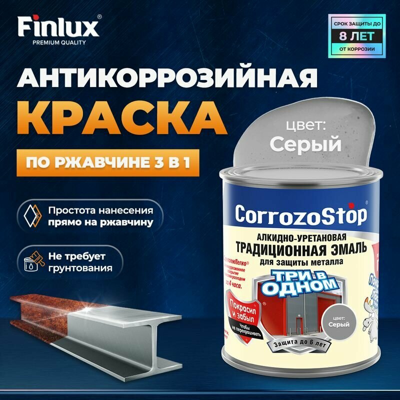 Антикоррозийная краска по ржавчине для металла 3 в 1 Finlux F-106 (ral 7040, 5 кг)