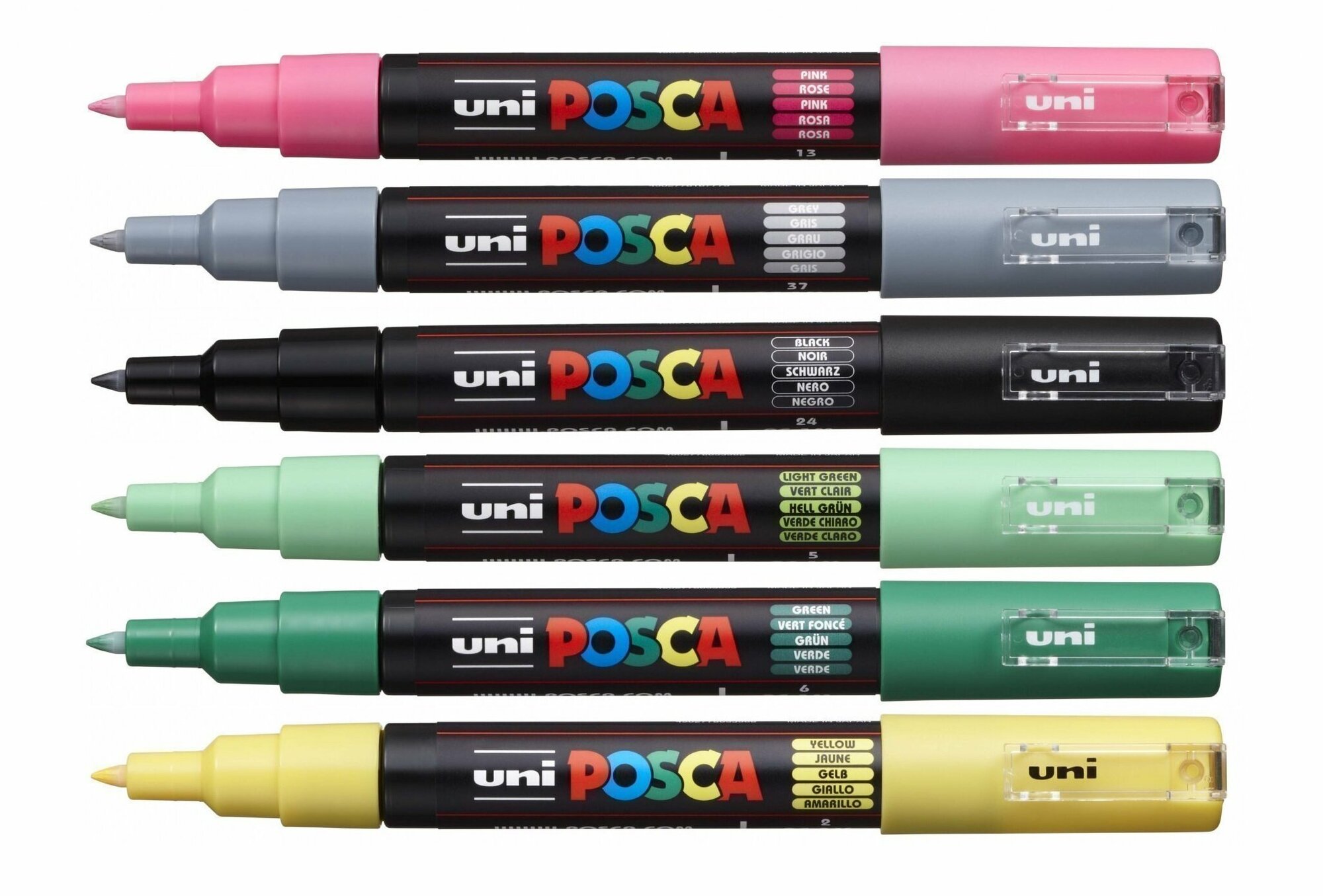 Маркер набор 6 цветов POSCA PC-1M №1M-1(зелёный №6, салатовый №5, жёлтый №2, розовый №13, серый №37, чёрный №24)