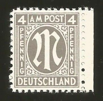Почтовая марка Германия. Номинал 4 пфеннигов. 1945 г. в. Американо-Британская оккупационная зона. Подлинная марка.