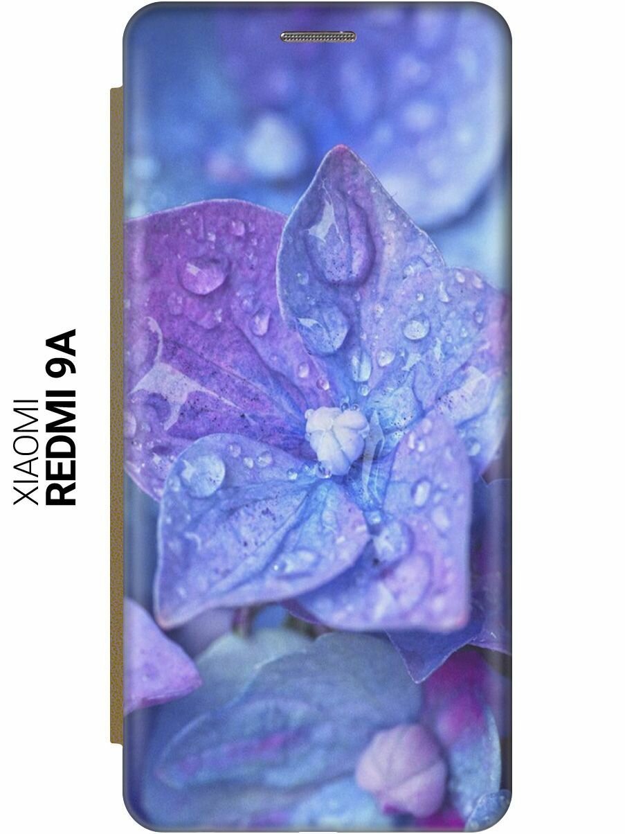 Чехол-книжка на Xiaomi Redmi 9A, Сяоми Редми 9А с 3D принтом "Голубой цветочек" золотой
