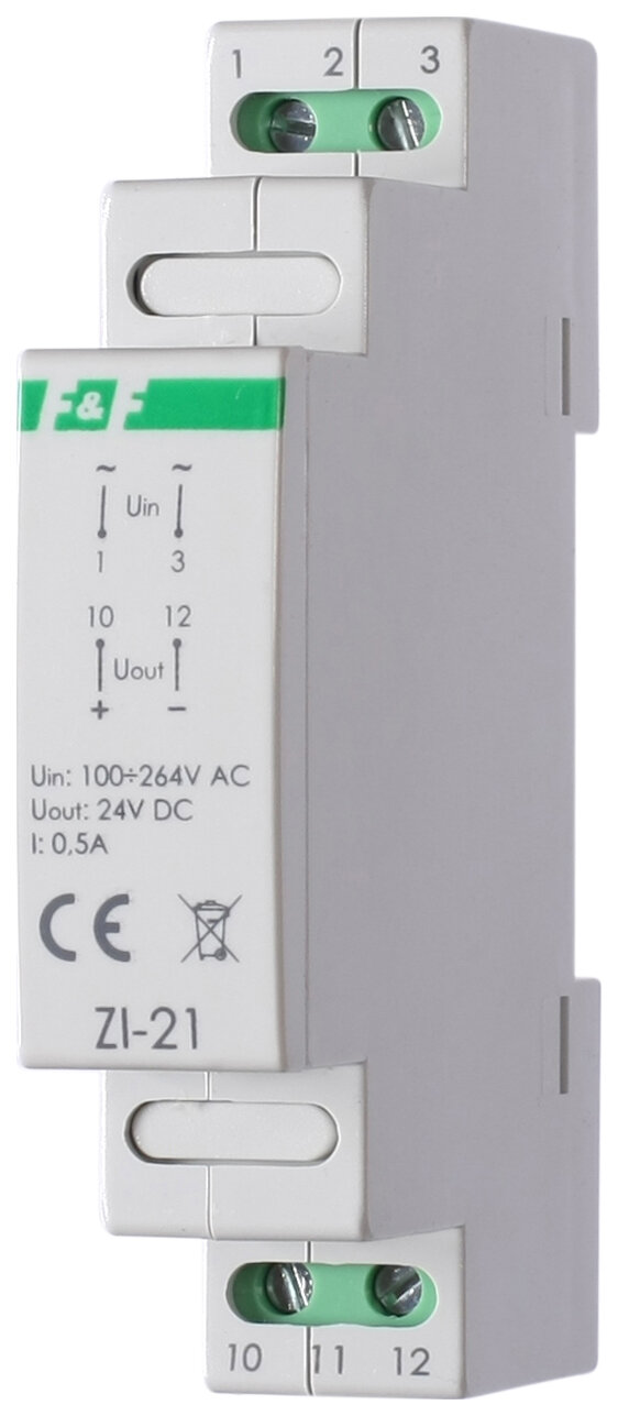 Блок питания ZI-21 (импульсный; Uвых. 24В DC; монтаж на DIN-рейке 35мм; 1 модуль 90-264В AC 0.5А 12Вт IP20) F&F EA11.001.011 ( 1шт. )