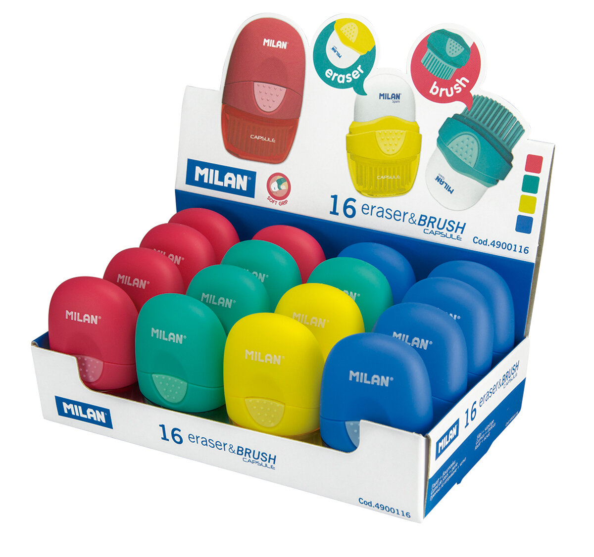 Ластик 16 шт. "Milan" с щеточкой Capsule овальный 53х35х18 мм 4900116 набор ассорти