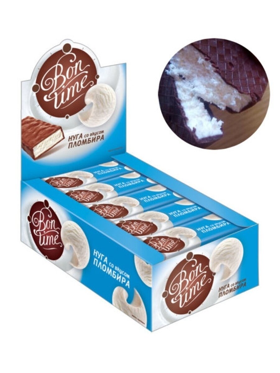 Батончик глазированный из воздушной нуги со вкусом пломбира "Bon Time" KDV, 30 шт по 20 г