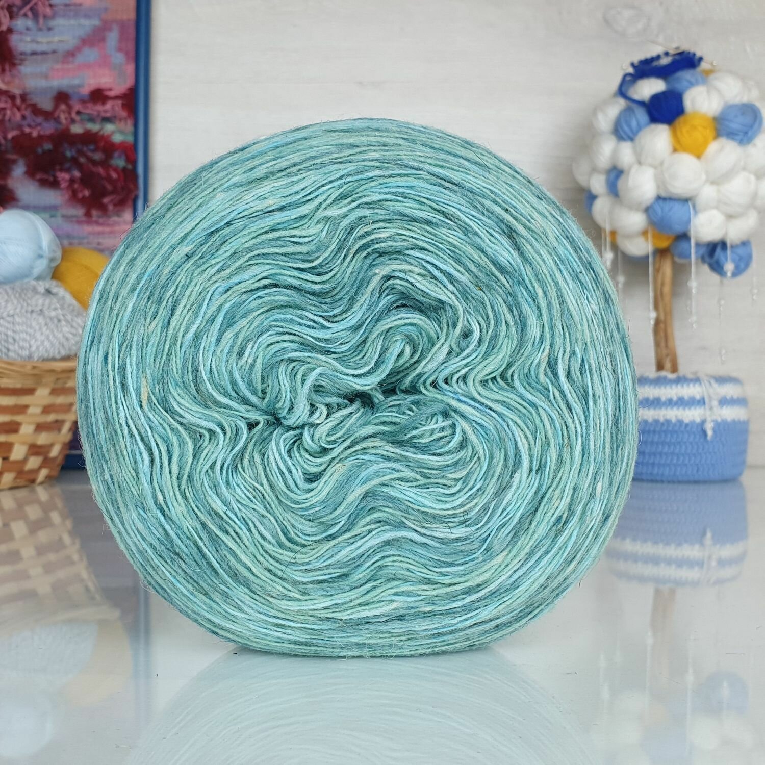 Пряжа Ангорка меланж Рассказовская, тиффани/ментол/лаугна - 58, 95% шерсть ангорской козы, 5% акрил, 2 мотка, 250 г, 700 м.