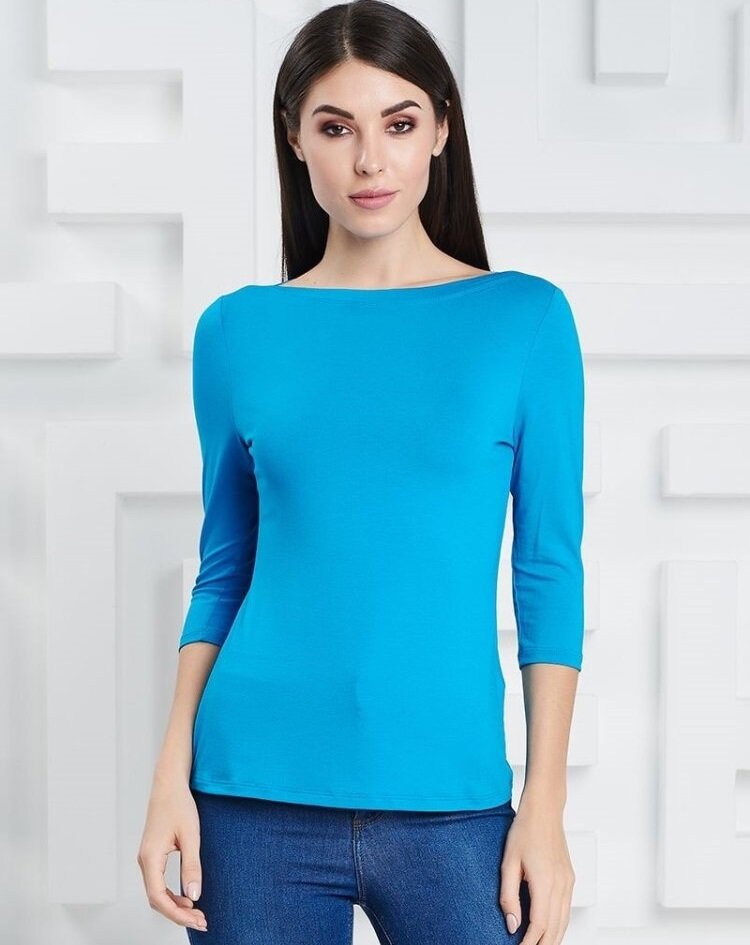 Блуза Бирюзовая женская с рукавом три четверти, ворот лодочка, вискоза