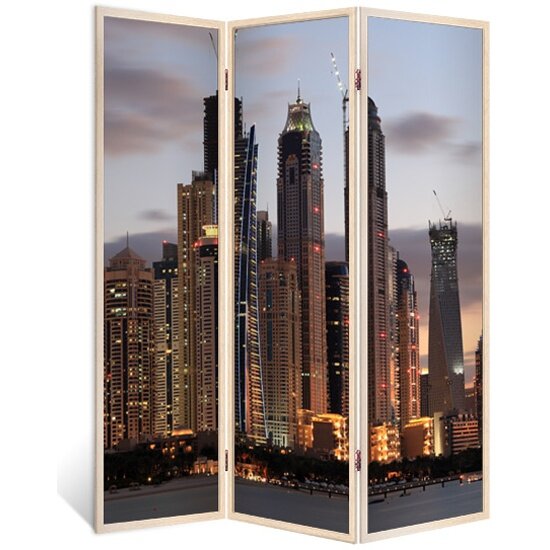 Ширма перегородка Декор Депо для комнаты деревянная "Жесткий мир" двухсторонняя с картинкой (города) 3 створки кремовый дуб 176х140 см 11 кг