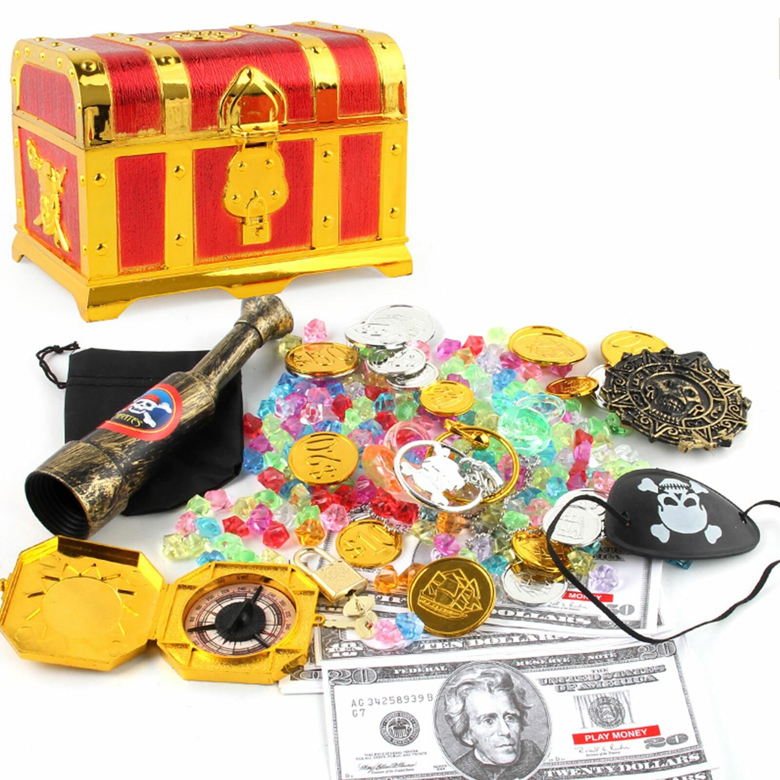 Пиратский сундук с сокровищами Детская игрушка "Охота за сокровищами" -Красный пиратский набор