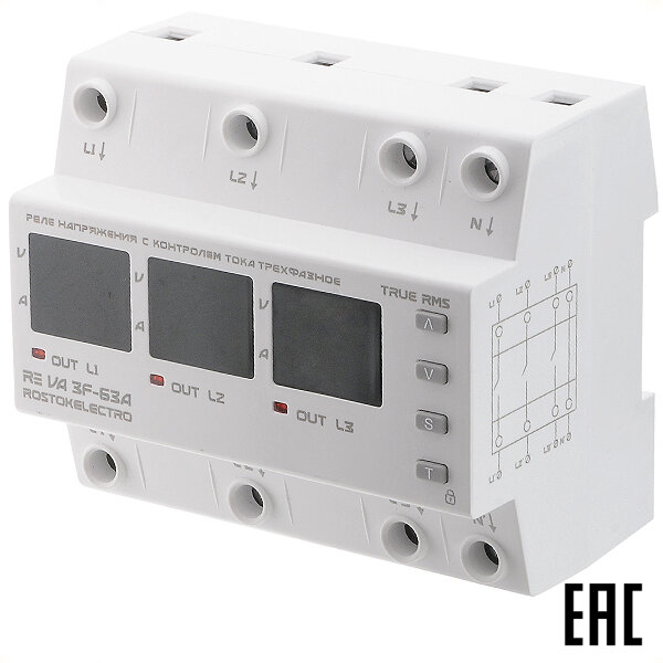 Реле напряжения RE VA3F-63A 380В Umin120-200В/Umax210-270В 63А 3P+N Росток-Электро