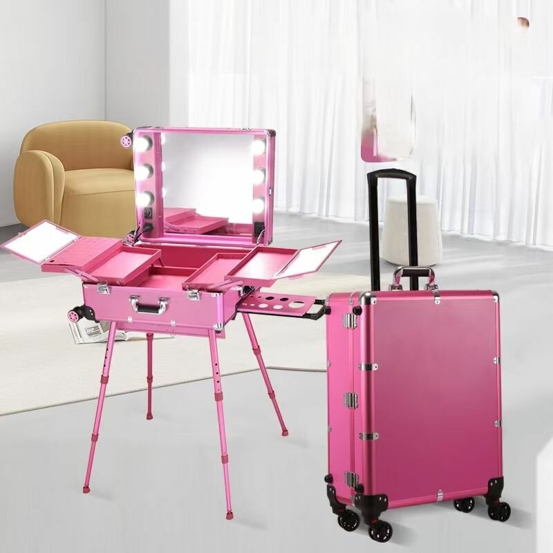 Мобильная студия OKIRO, визажиста, розовая, с подсветкой, складные ножки, 61х46х22см