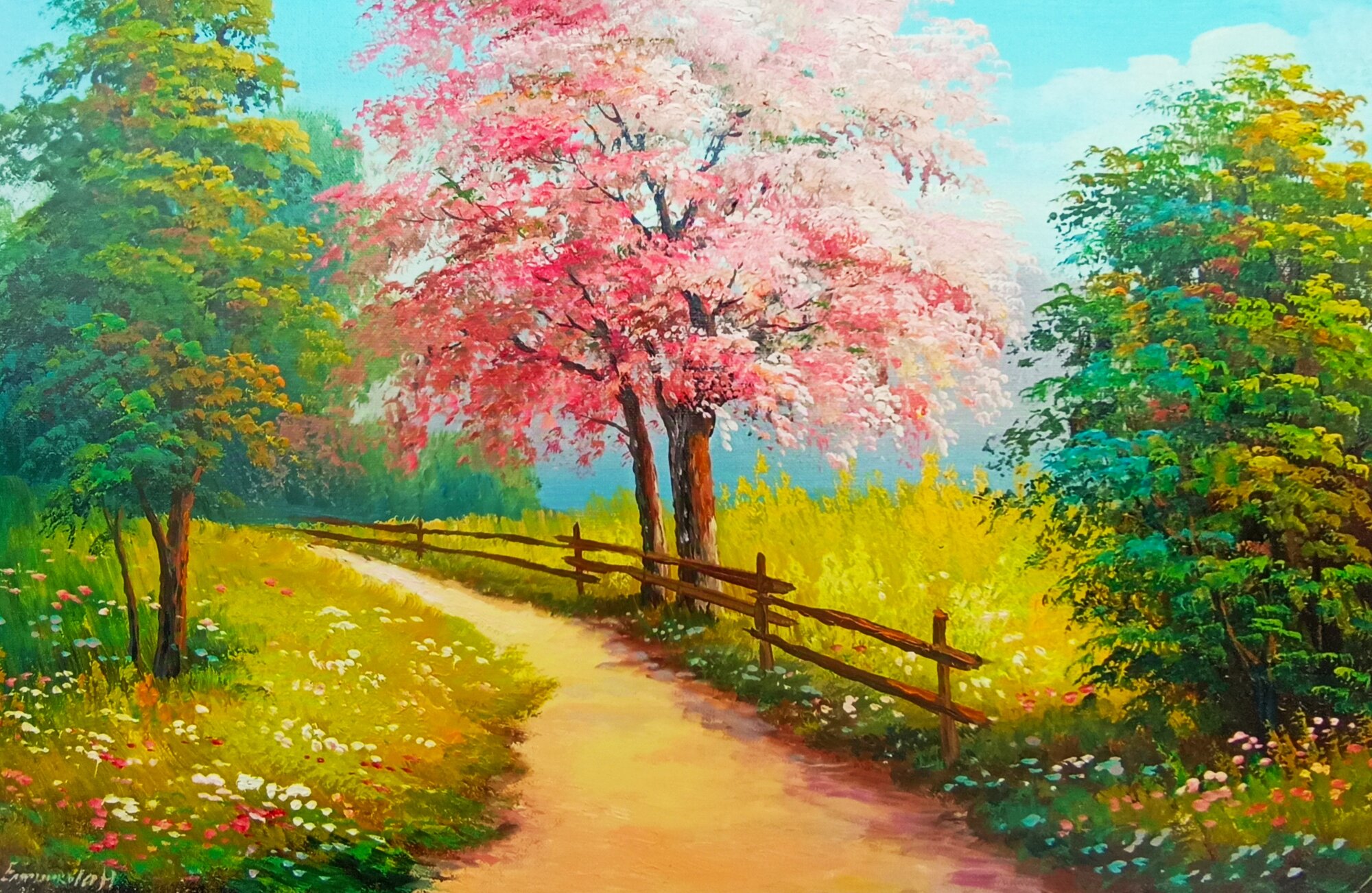 Картина масло/холст. 100% ручная работа, 100% живопись от Мастерской Грёзы. Весенний пейзаж. Цветущая яблоня. 40х60 см