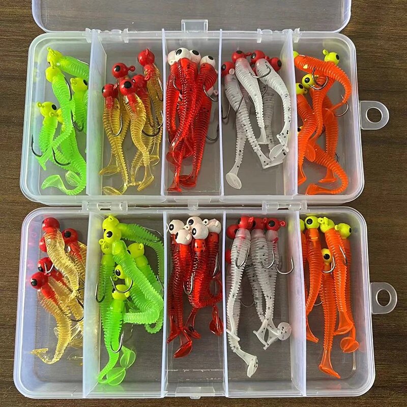 Набор приманок для бегущих по дороге, 25 шт, свинцовая головка, крючок с Т-образным хвостом, комбинированный Воблер для ловли сома, окуня, черных рыб, рыболовные принадлежности