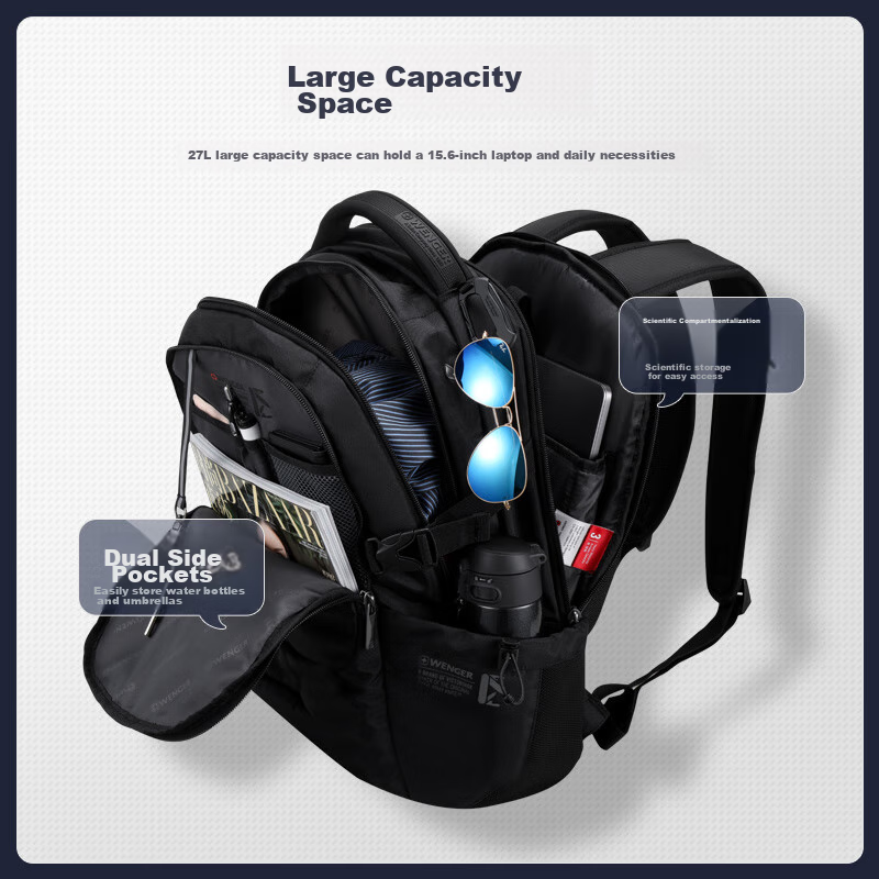 Wenger Swiss Army Knife Large Capacity Backpack 15.6 Inch Computer Bag Men's and Women's Backpack Schoolbag Outdoor Black 612011